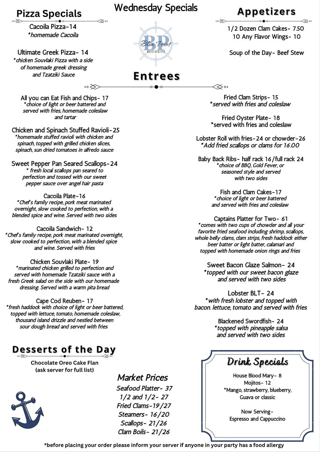 Blue Point Restaurant Menu - Updated November 2025