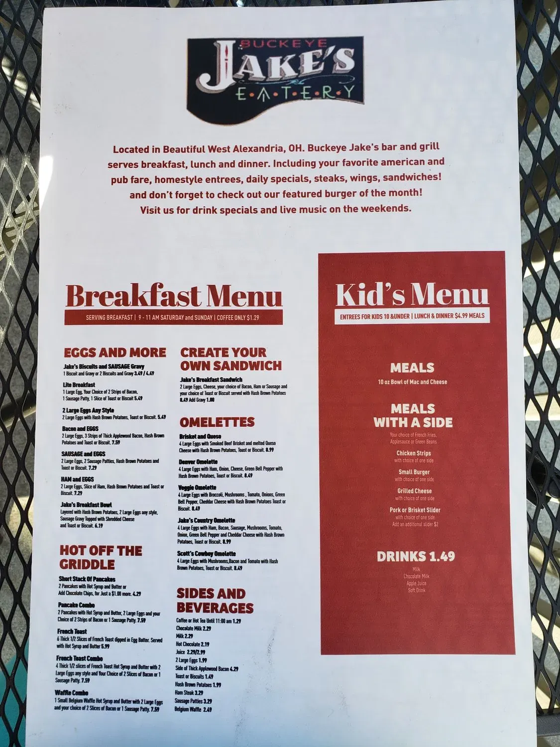 Buckeye Jake's Eatery Menu - Updated October 2025