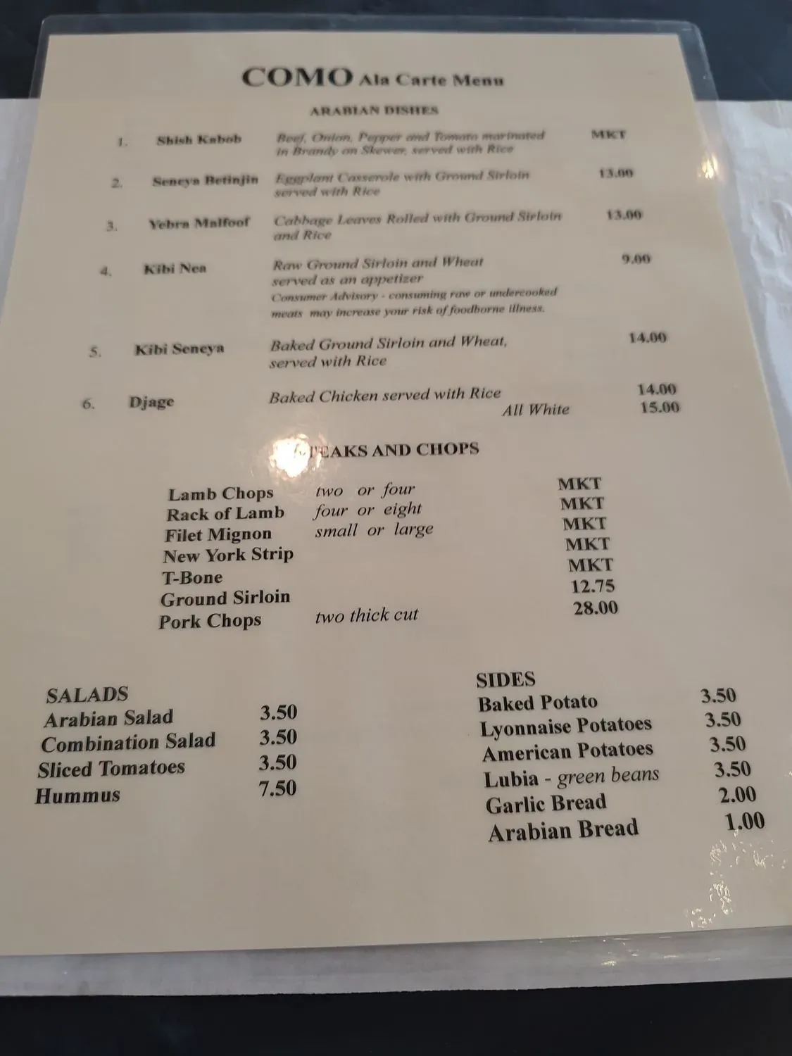 House of Como Menu - Updated October 2025