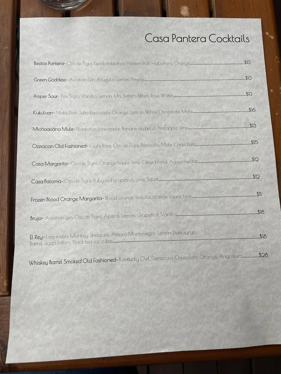 Casa Pantera Menu - Updated October 2025