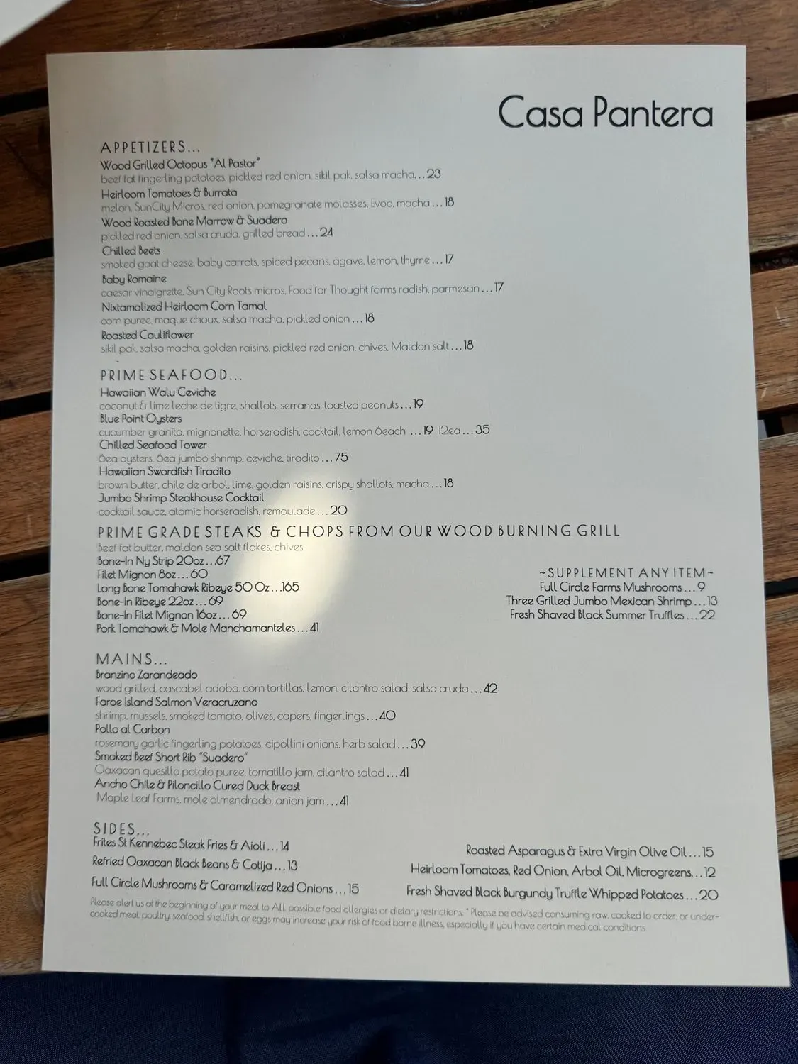 Casa Pantera Menu - Updated October 2025
