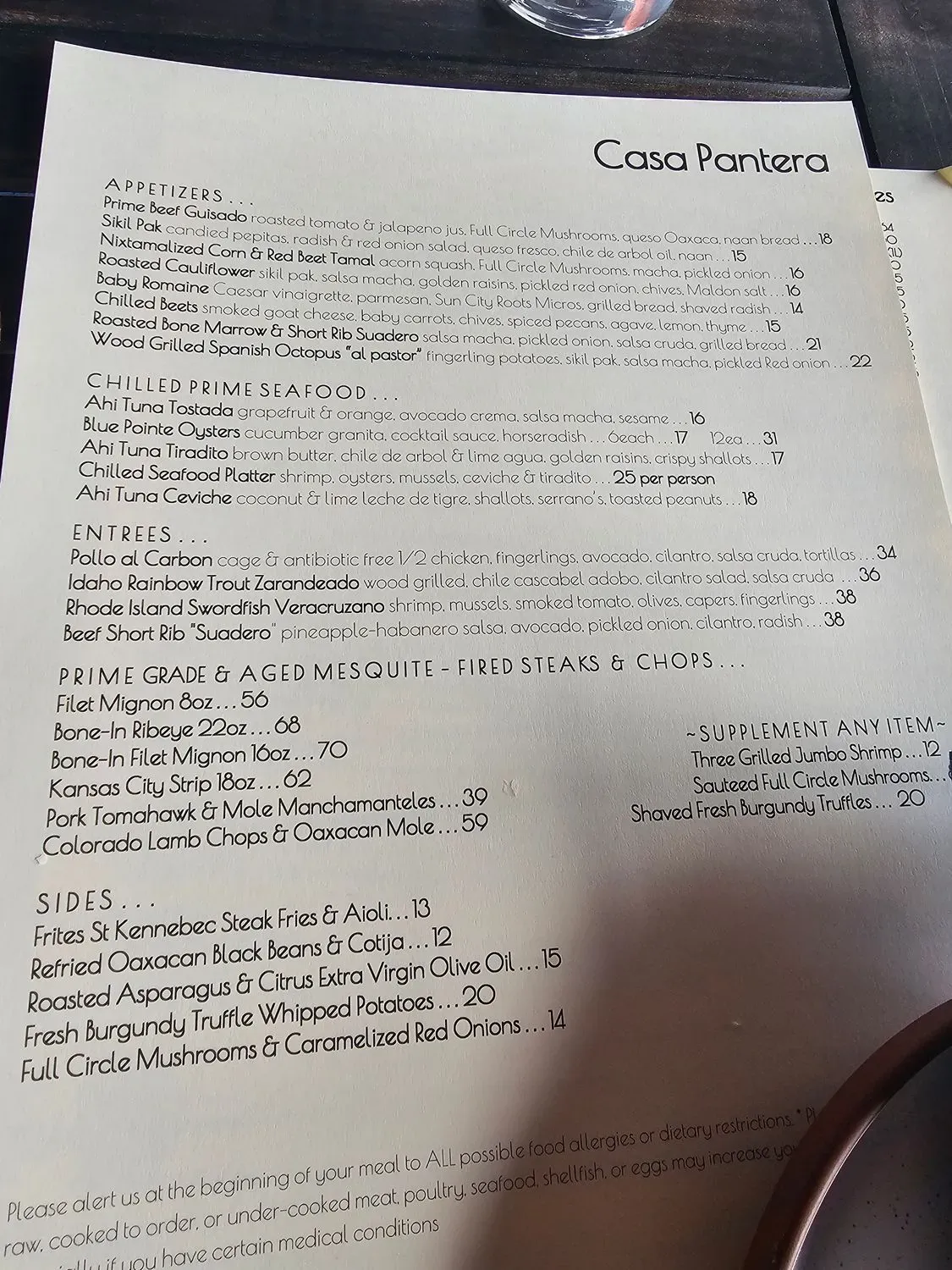 Casa Pantera Menu - Updated October 2025