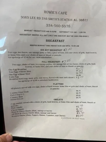 Howie's Cafe Menu | Smiths Station, AL | Checkle