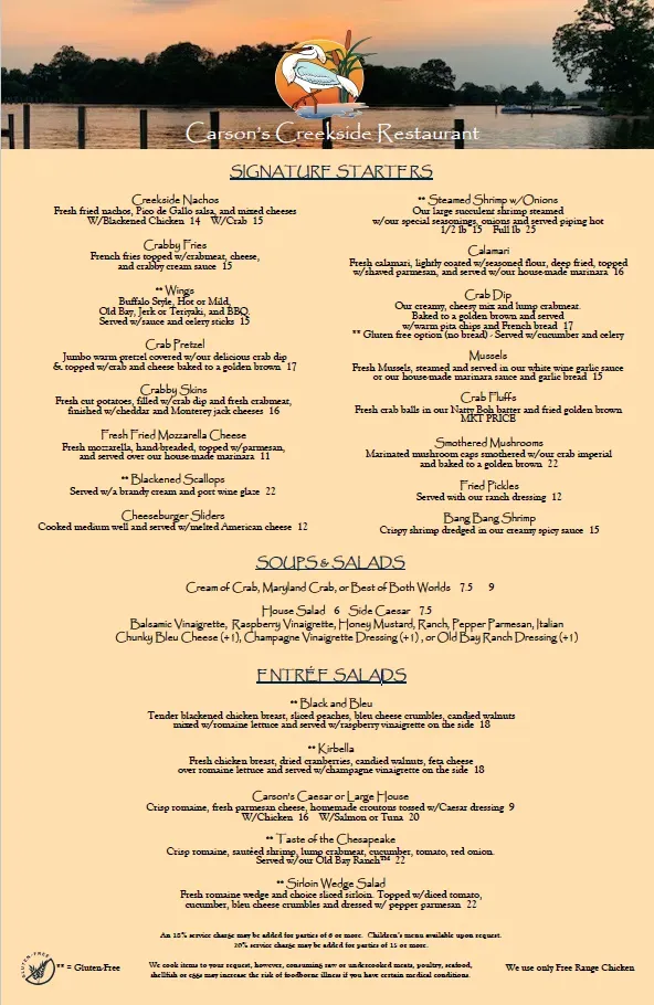 Carson's Creekside Restaurant Menu | Middle River, MD | Checkle
