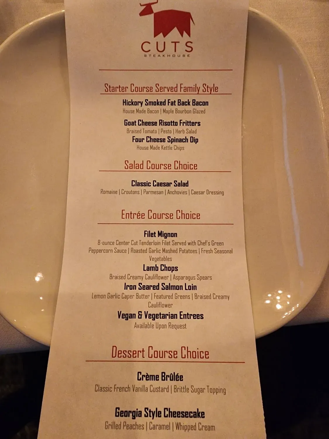 Cuts Steakhouse Menu - Updated November 2025