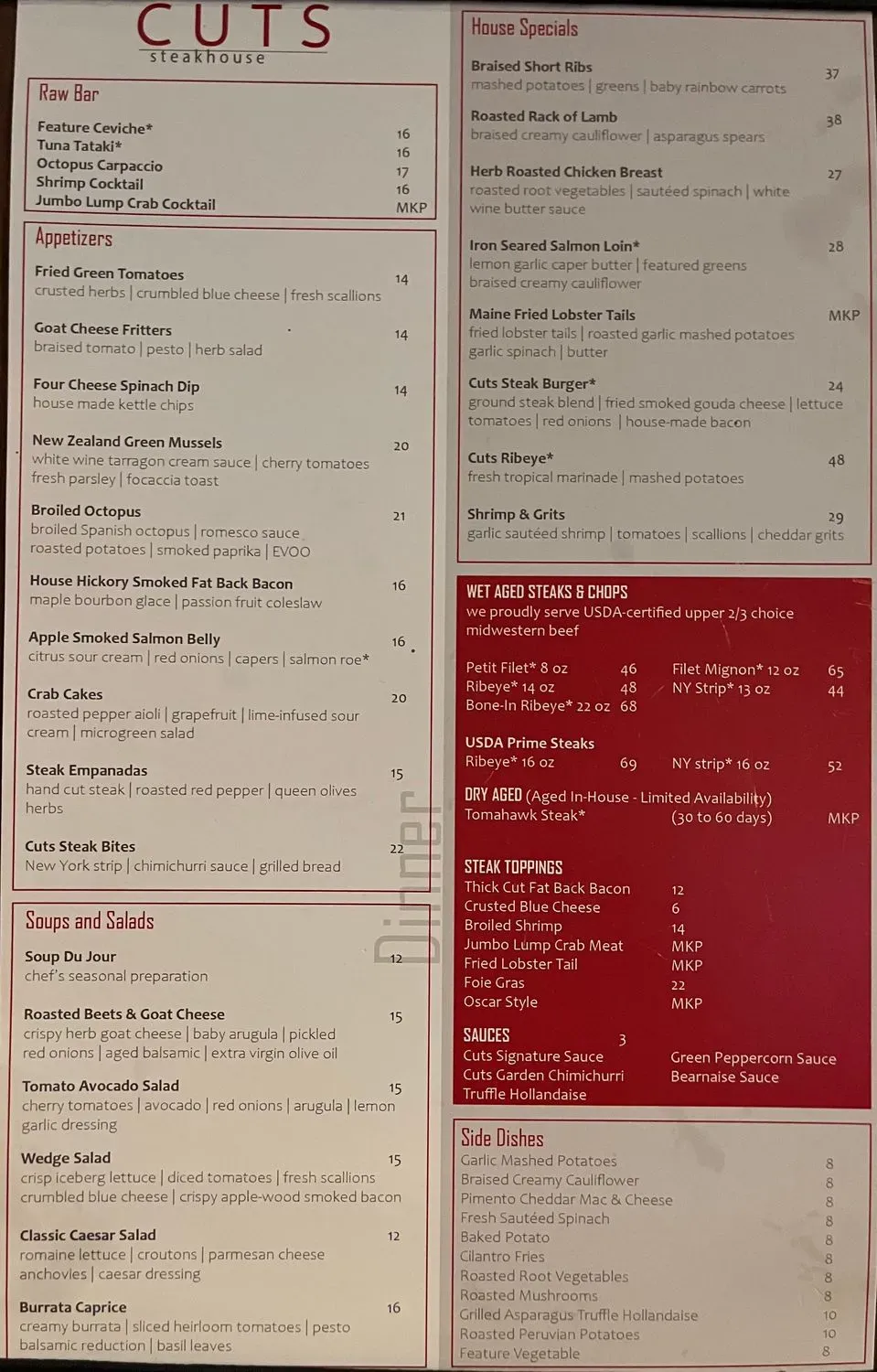 Cuts Steakhouse Menu - Updated November 2025