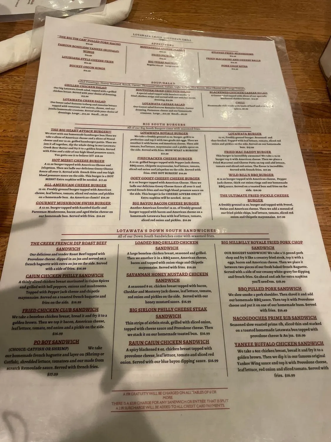 Lotawata Creek Menu - Updated November 2025