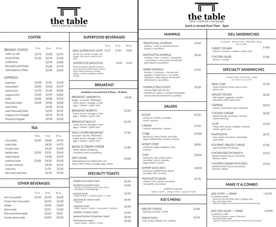 The Table Cafe’ Menu | Luling, LA | Checkle