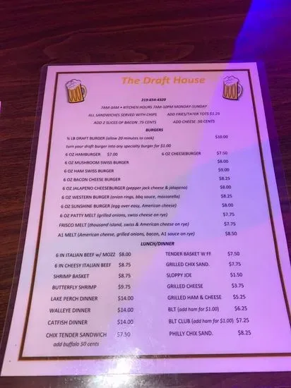 The Draft House Menu | Lake Station, IN | Checkle