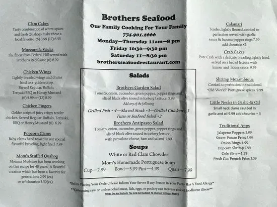 Brothers Seafood Restaurant Menu | Seekonk, MA | Checkle