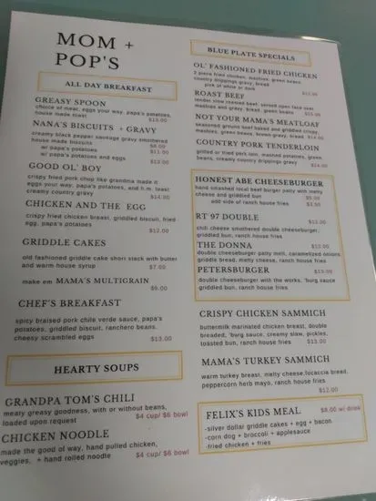 Mom + Pop’s Menu | Petersburg, IL | Checkle