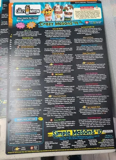 The Crazy Mason Milkshake Bar Gatlinburg Menu | Gatlinburg, TN | Checkle