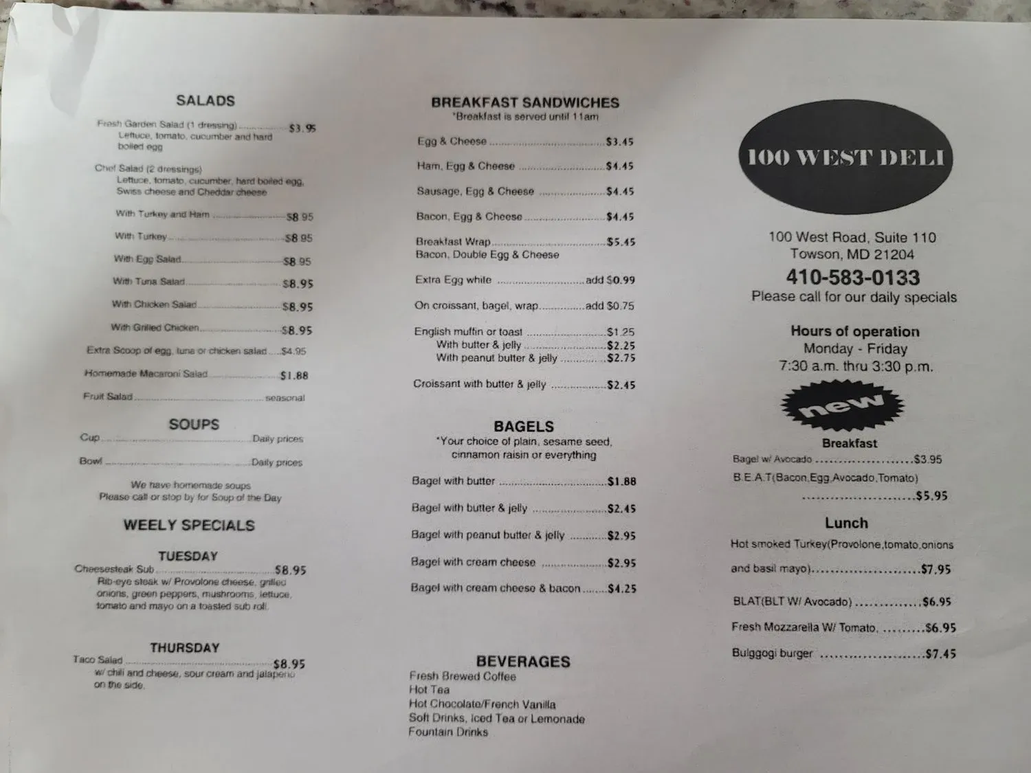 100 West Deli Menu | Baltimore, MD | Checkle