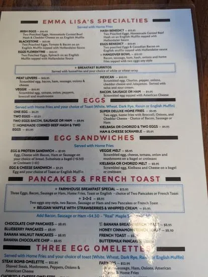 Emma Lisa’s Breakfast & Lunch Menu | Quincy, MA | Checkle