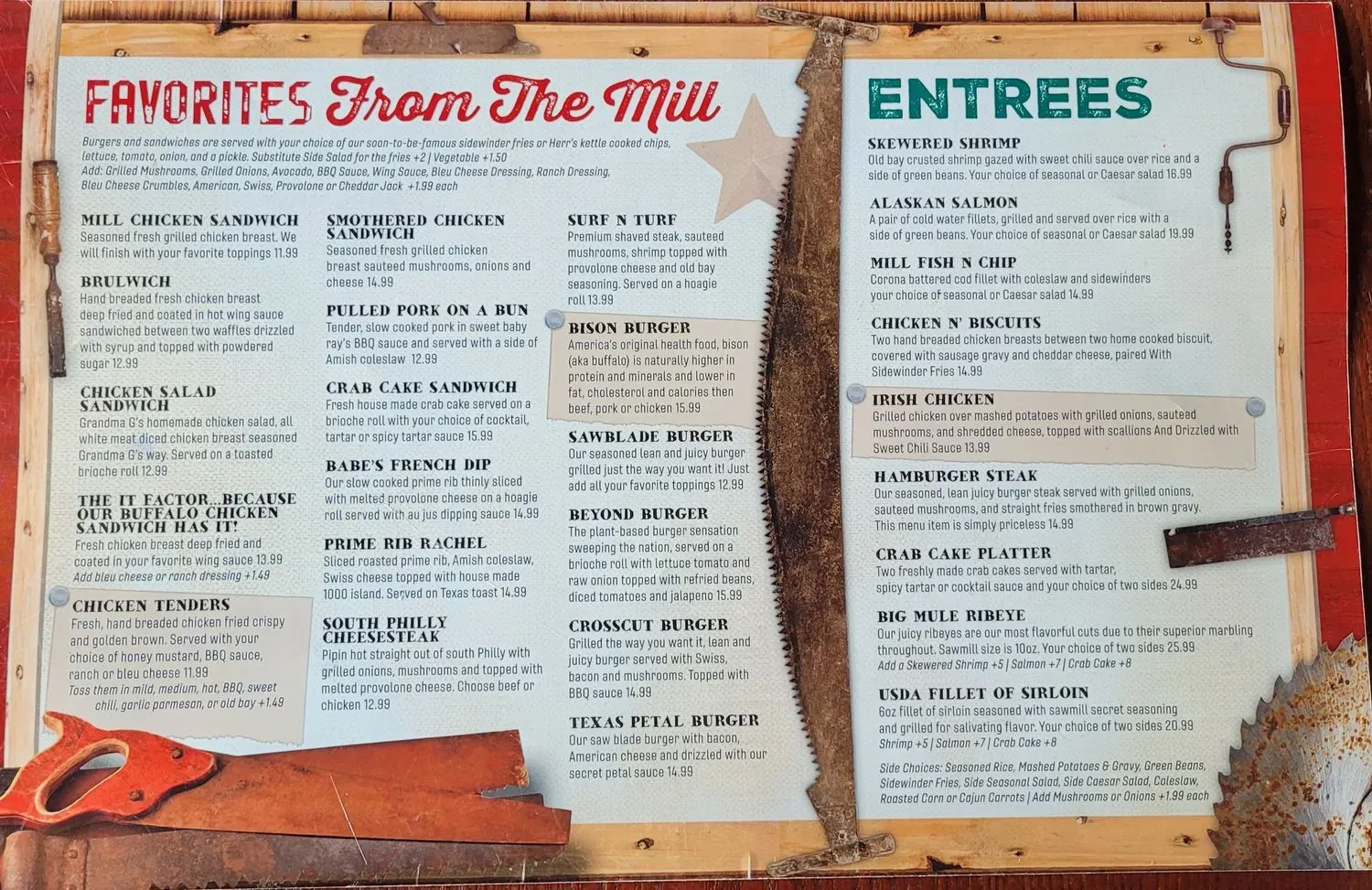 SawMill Grill Menu - Updated November 2025