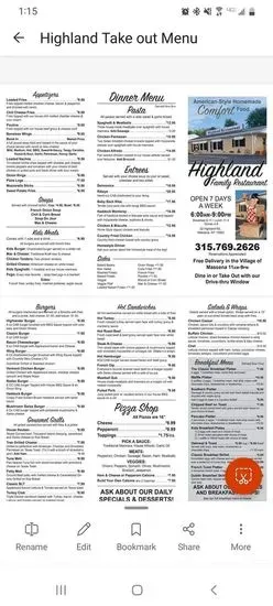 Highland Restaurant Menu | Massena, NY | Checkle