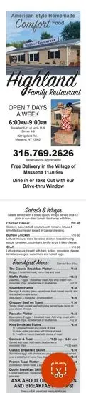 Highland Restaurant Menu | Massena, NY | Checkle