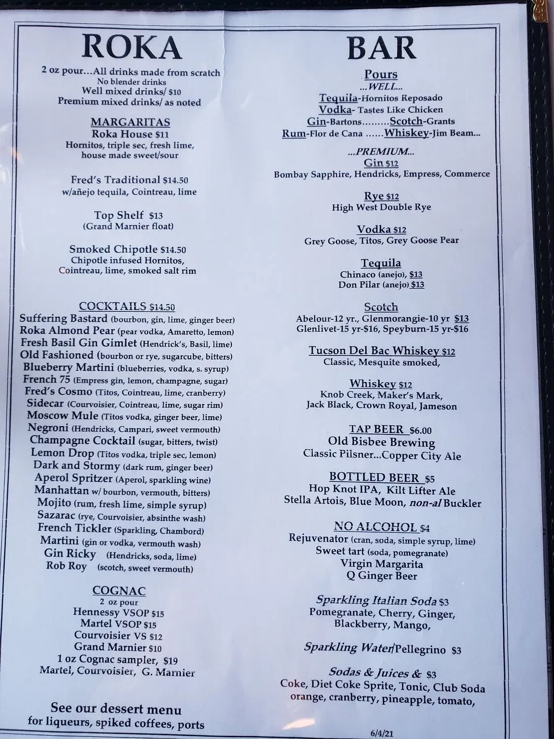 Cafe Roka Menu - Updated November 2025