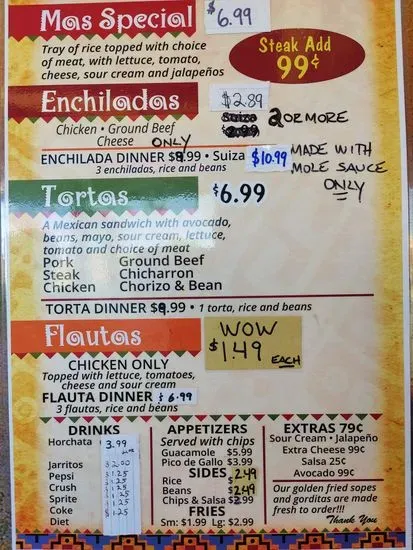 Mas Tacos Menu | Highland, IN | Checkle