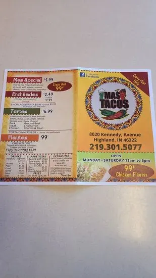 Mas Tacos Menu | Highland, IN | Checkle