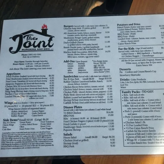 The Joint Burgers and BBQ,LLC Menu | Springville, AL | Checkle