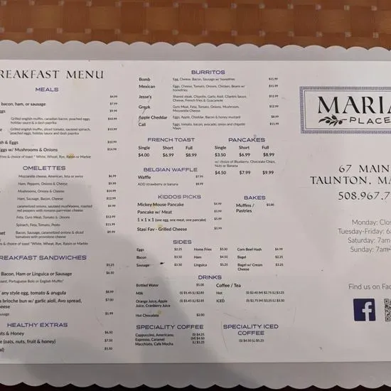 Maria’s Place Menu | Taunton, MA | Checkle