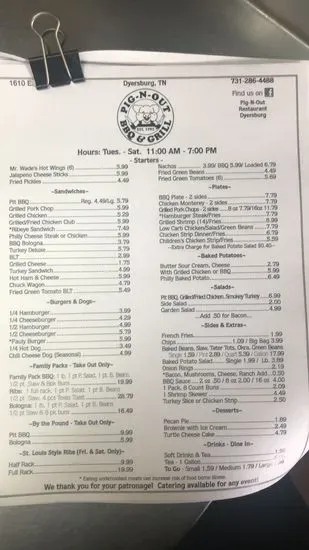 Pig N Out Menu | Dyersburg, TN | Checkle
