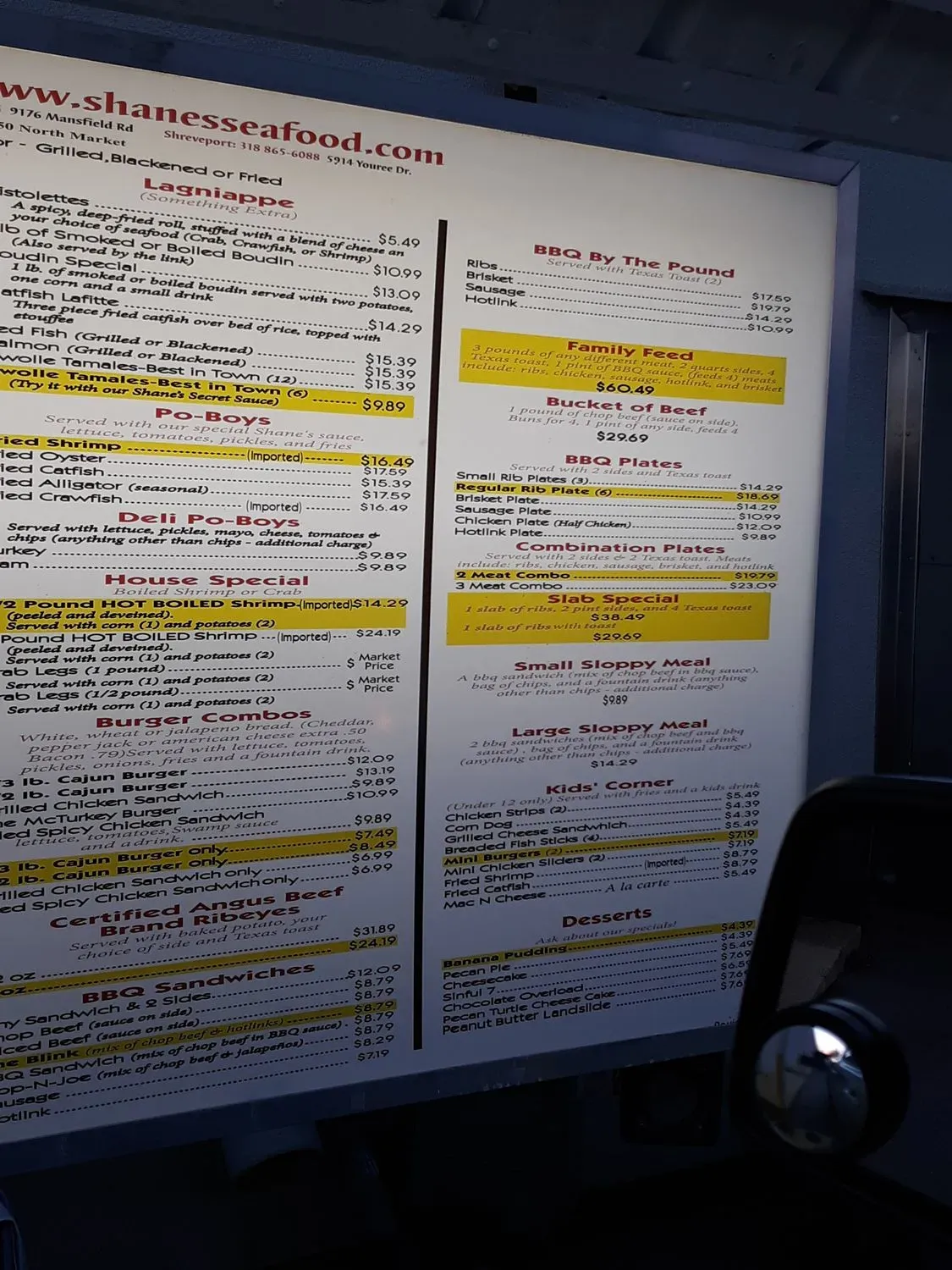 Shane's Seafood & BBQ Menu - Updated November 2025