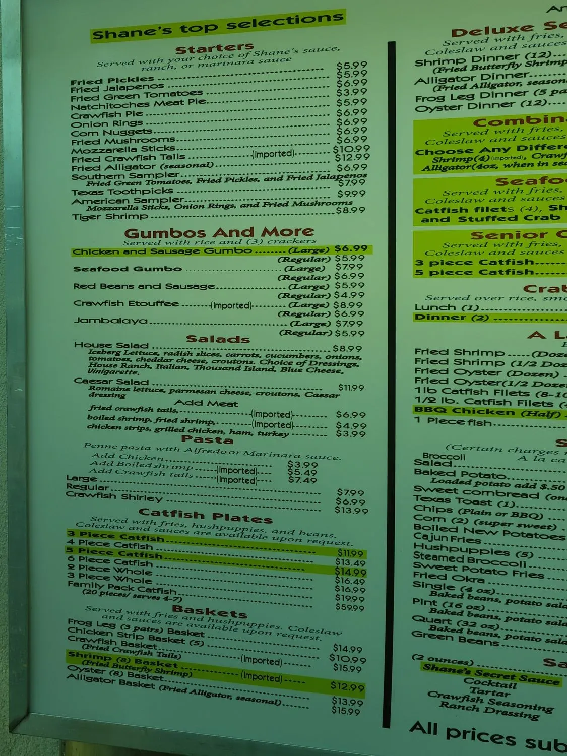 Shane's Seafood & BBQ Menu - Updated November 2025