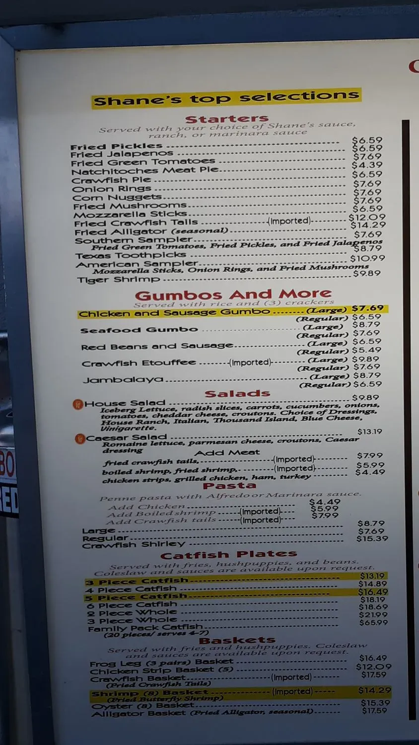 Shane's Seafood & BBQ Menu - Updated November 2025
