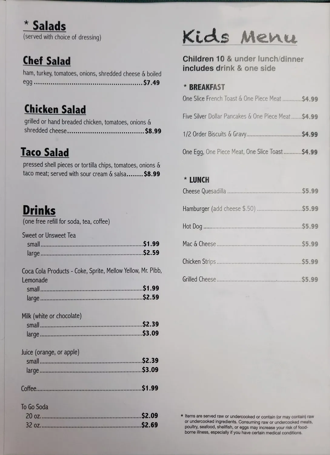 Korner Kitchen Menu - Updated November 2025