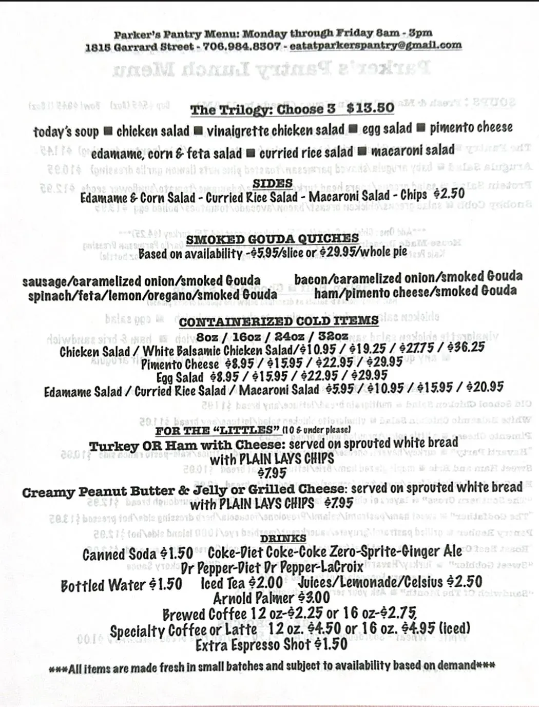 Parker’s Pantry Menu - Updated November 2025