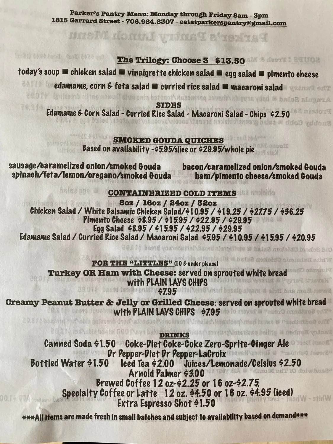 Parker’s Pantry Menu - Updated November 2025