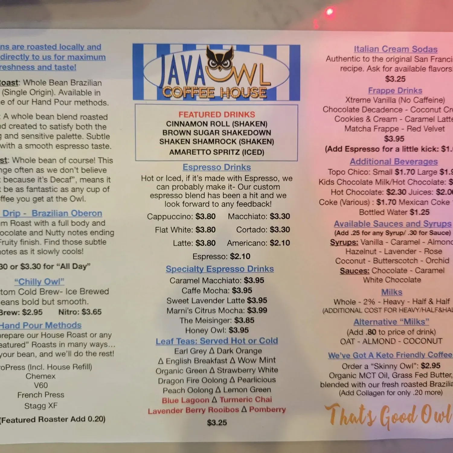 Java Owl Coffee House Menu - Updated October 2025