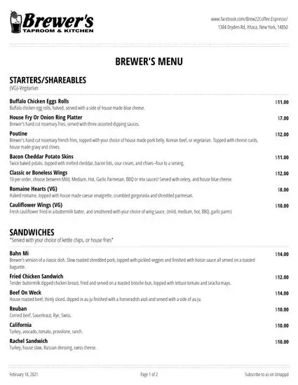 Brewer's Kitchen & Taproom Menu | Ithaca, NY | Checkle