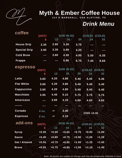 Myth & Ember Coffee House Menu | Van Alstyne, TX | Checkle