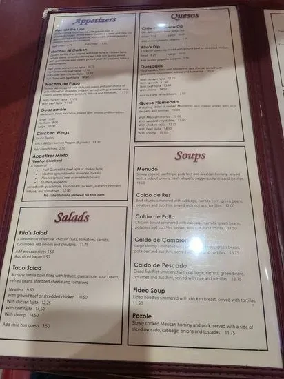 Rita's Mexican Restaurant Menu | Rosenberg, TX | Checkle