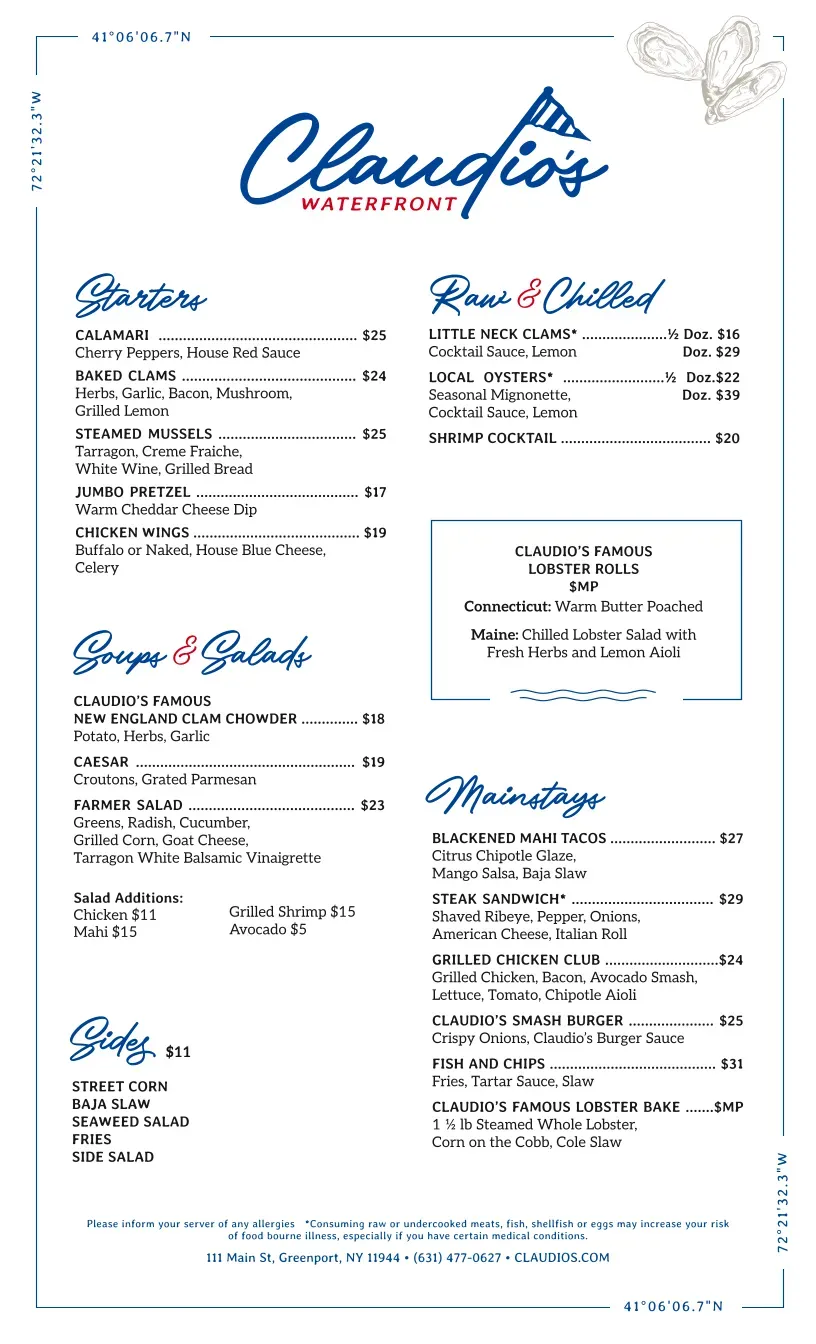 Claudio's Waterfront Menu - Updated September 2025