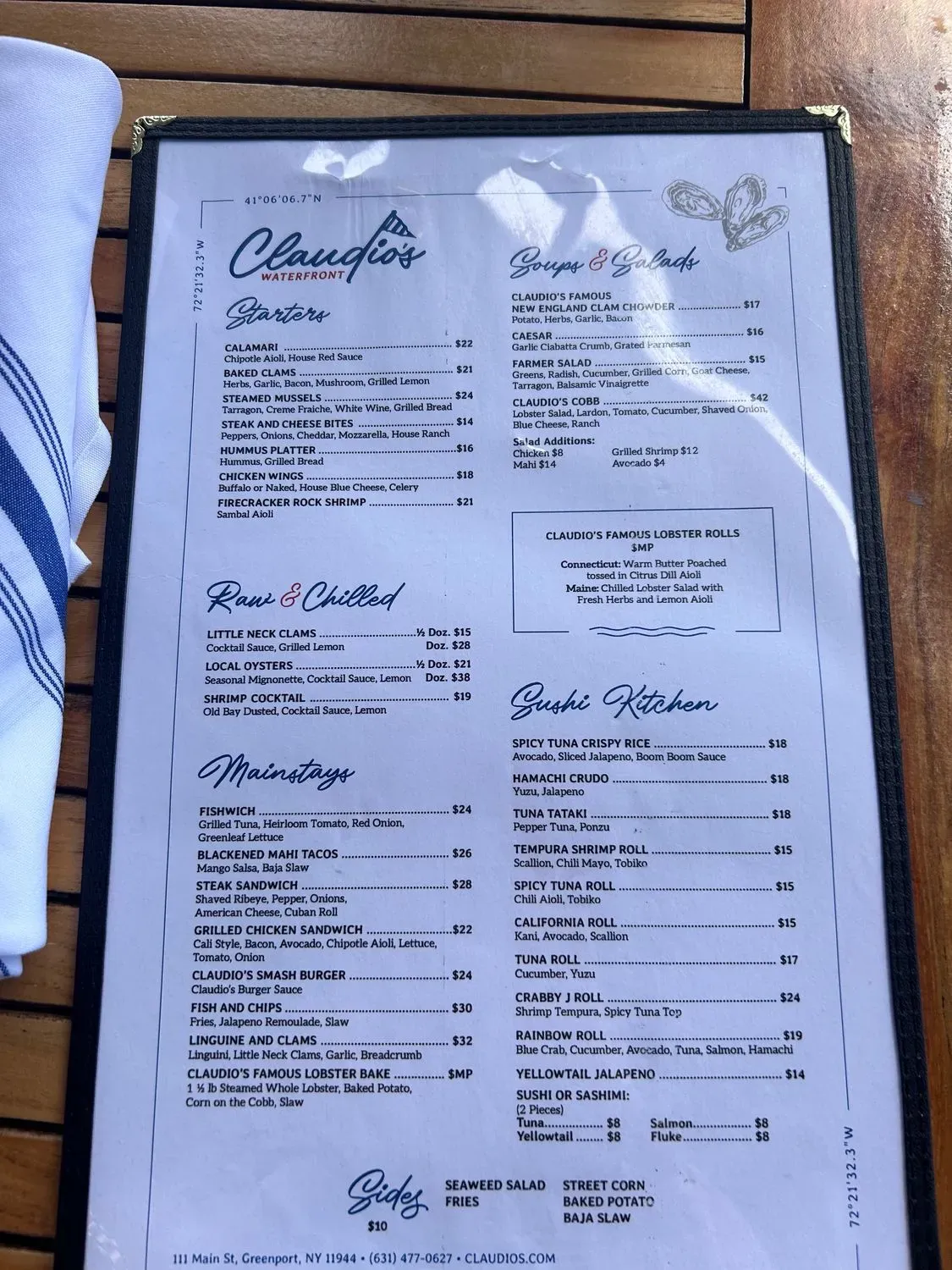 Claudio's Waterfront Menu - Updated November 2025
