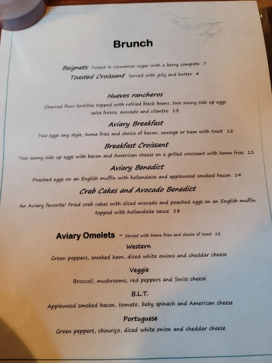 The Aviary Restaurant Menu - Updated November 2025