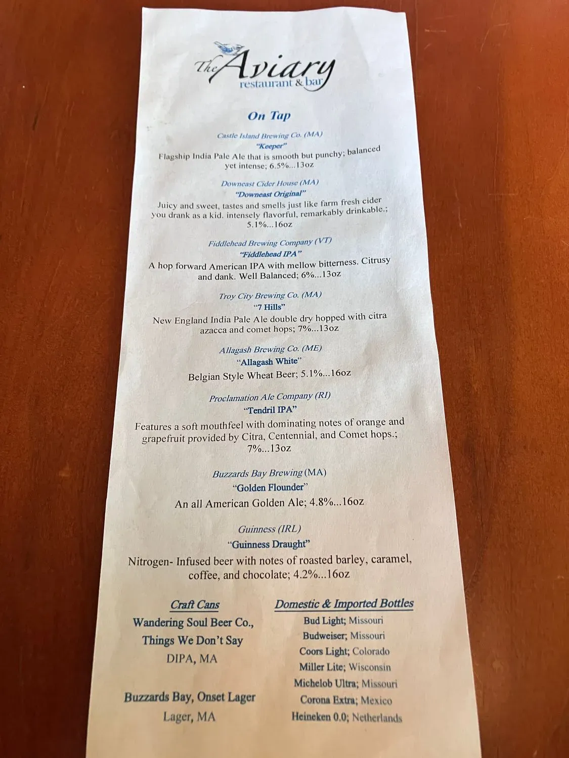 The Aviary Restaurant Menu - Updated November 2025