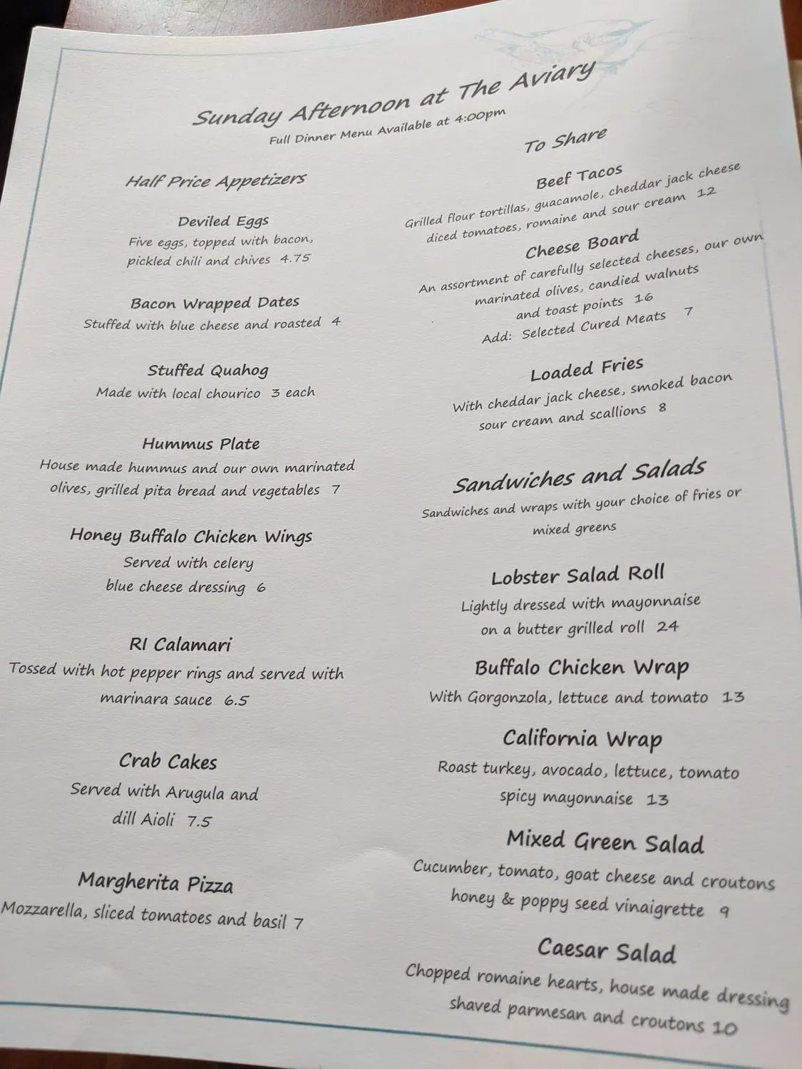 The Aviary Restaurant Menu - Updated November 2025