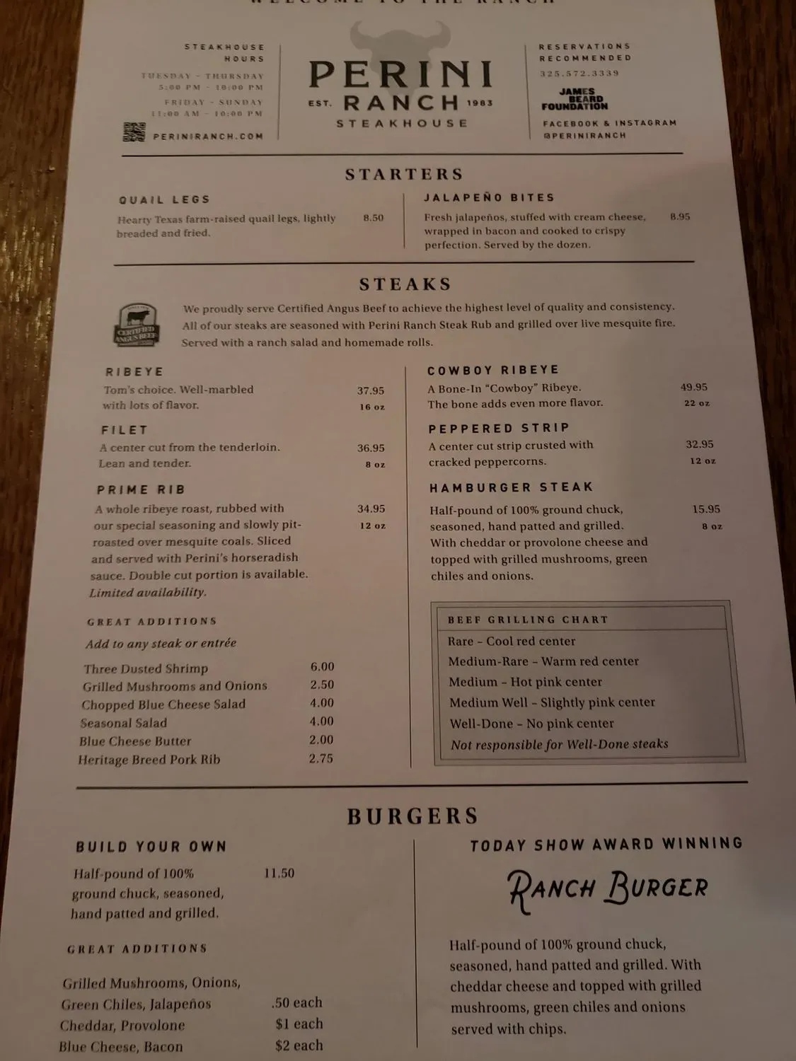 Perini Ranch Steakhouse Menu - Updated October 2025