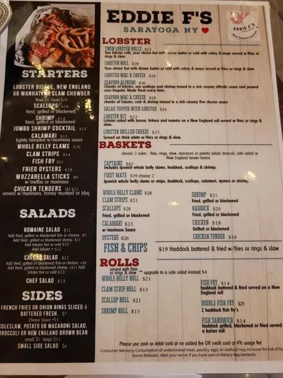 Eddie F's New England Seafood Restaurant Menu | Saratoga Springs, NY ...