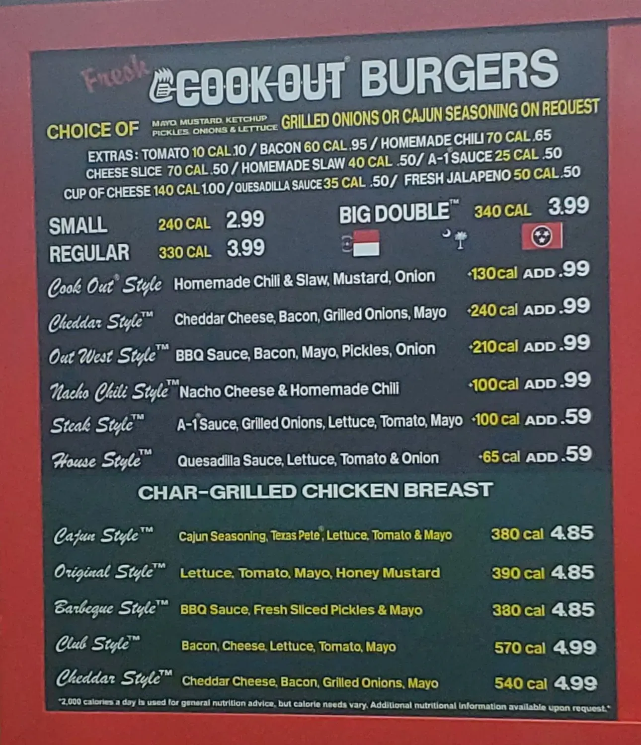 Cook Out Menu - Updated November 2025