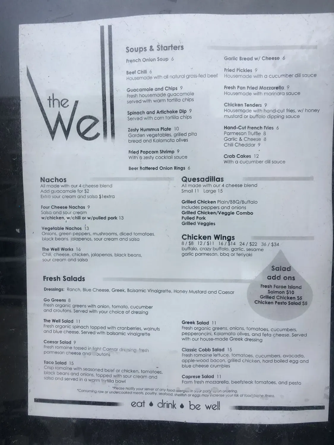 The Well Restaurant + Bar Menu - Updated November 2025