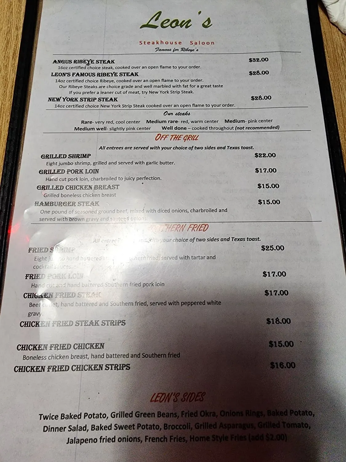 Leon's Steakhouse Saloon Menu - Updated November 2025