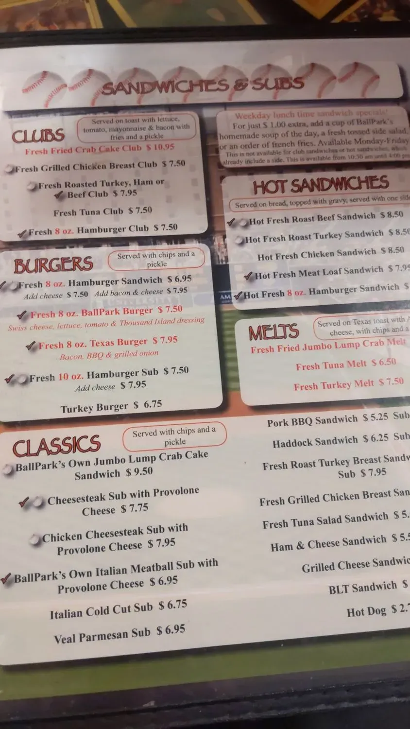 Ballpark Restaurant Menu - Updated November 2025