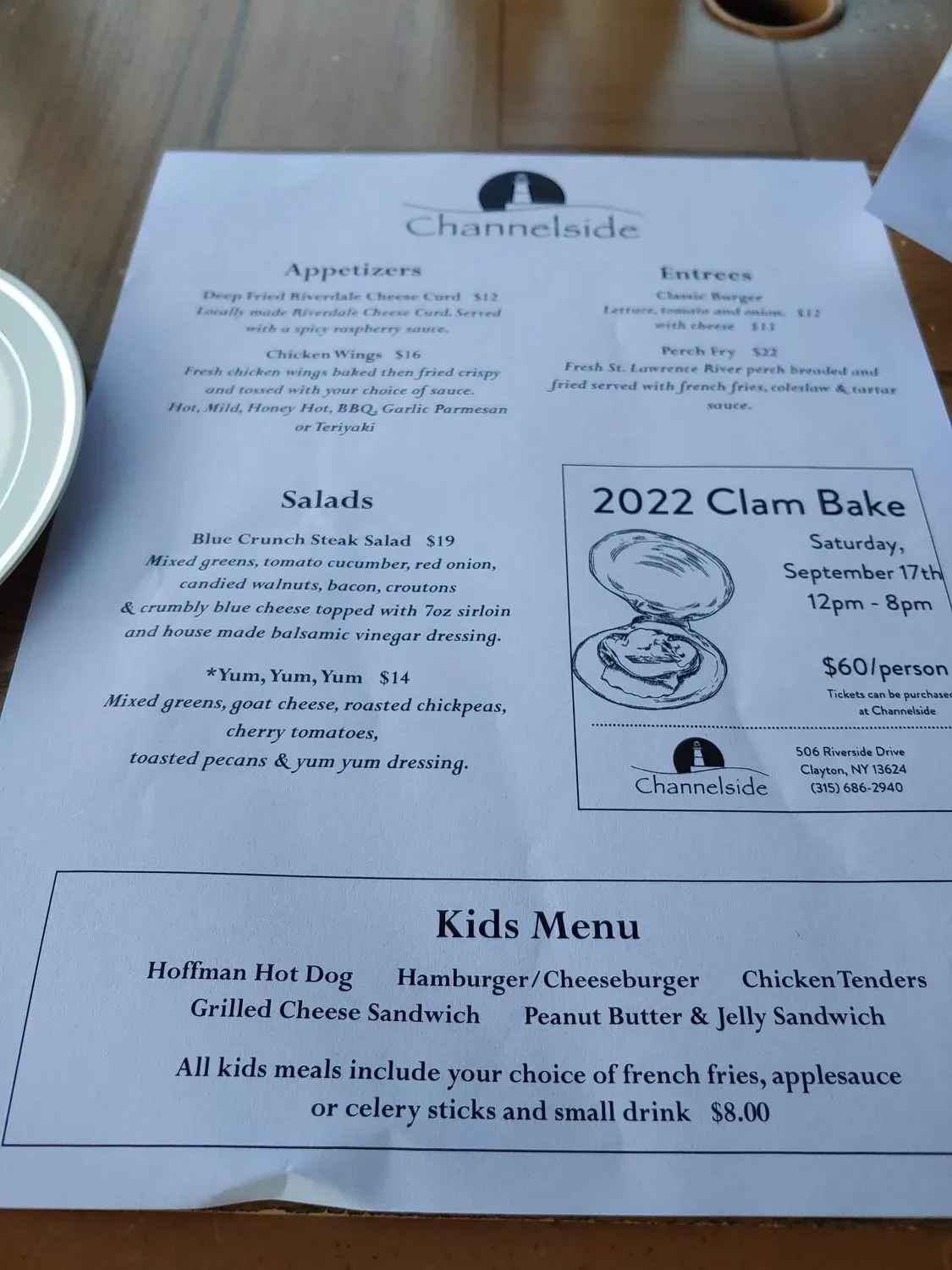 The Channelside Menu | Clayton, NY | Checkle