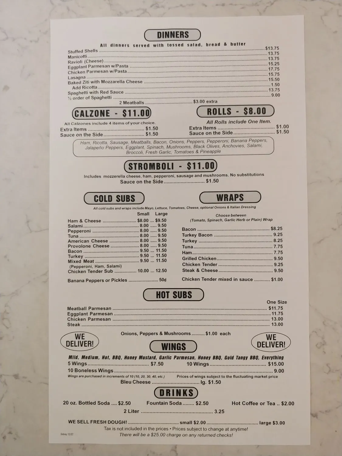 Sidney Joe's Menu | Sidney, NY | Checkle